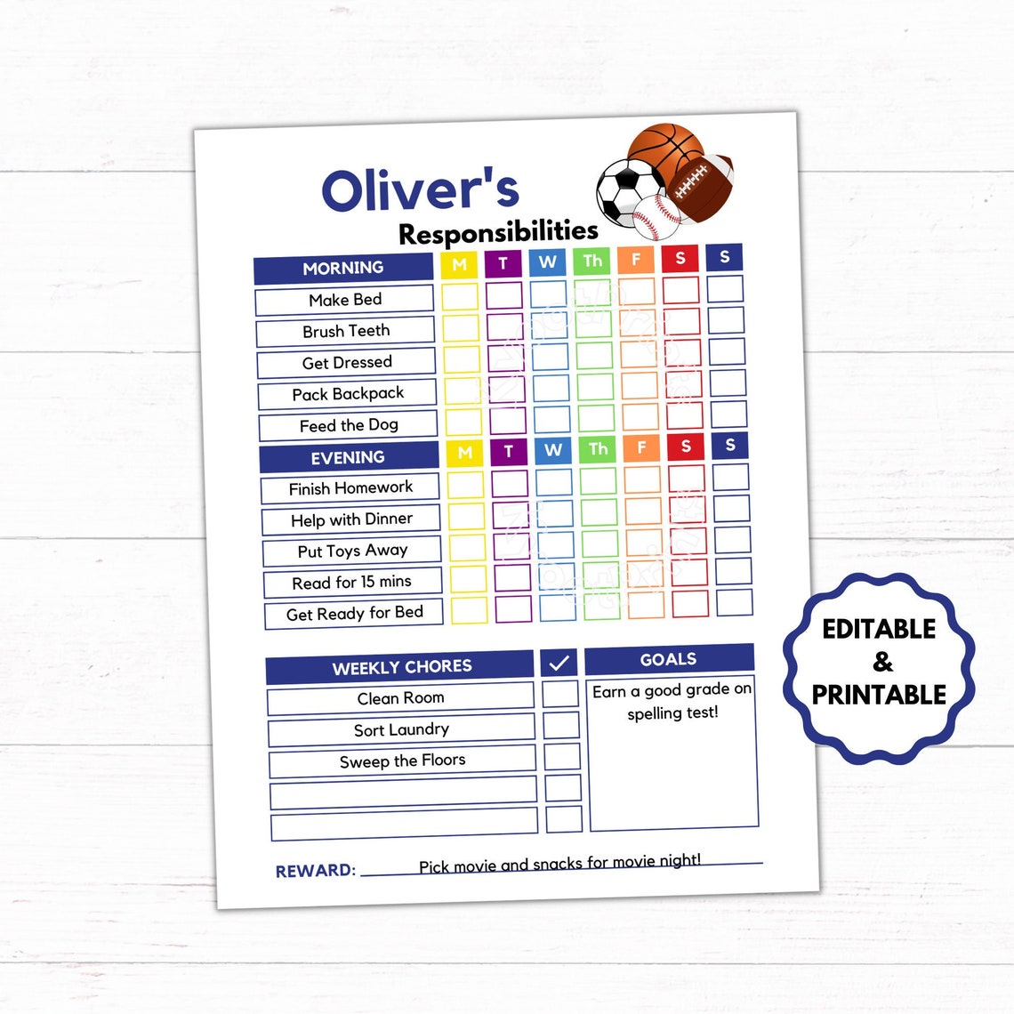 Chore Chart for Kids Responsibility Chart Printable Kid's Chores ...