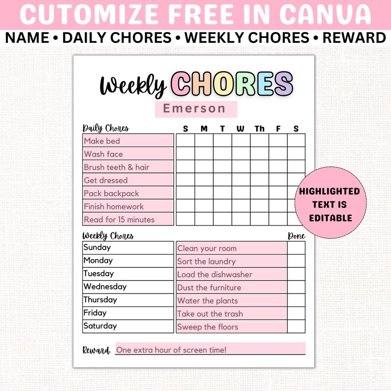 Chore Chart for Kids PRINTABLE Kid's Chore Chart EDITABLE Chore Chart ...