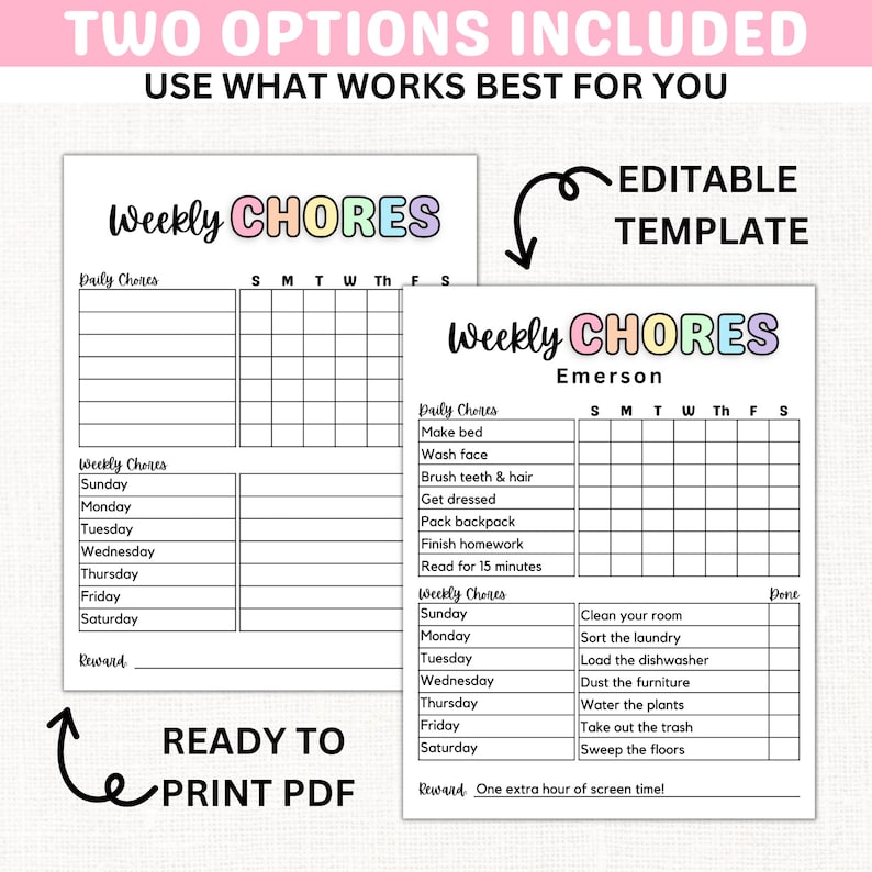 Chore Chart for Kids PRINTABLE Kid's Chore Chart EDITABLE Chore Chart ...