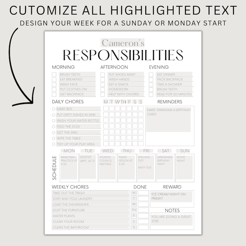 Responsibility Chart for Kids Chore Chart EDITABLE Reward Chart Daily ...