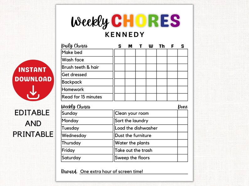 Chore Chart for Kids Printable Kids Chore Chart Editable Chore Chart ...