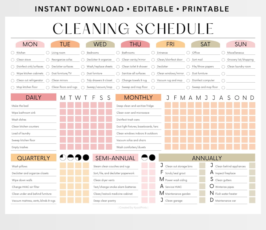 EDITABLE Cleaning Schedule PRINTABLE Cleaning List Household Chore ...