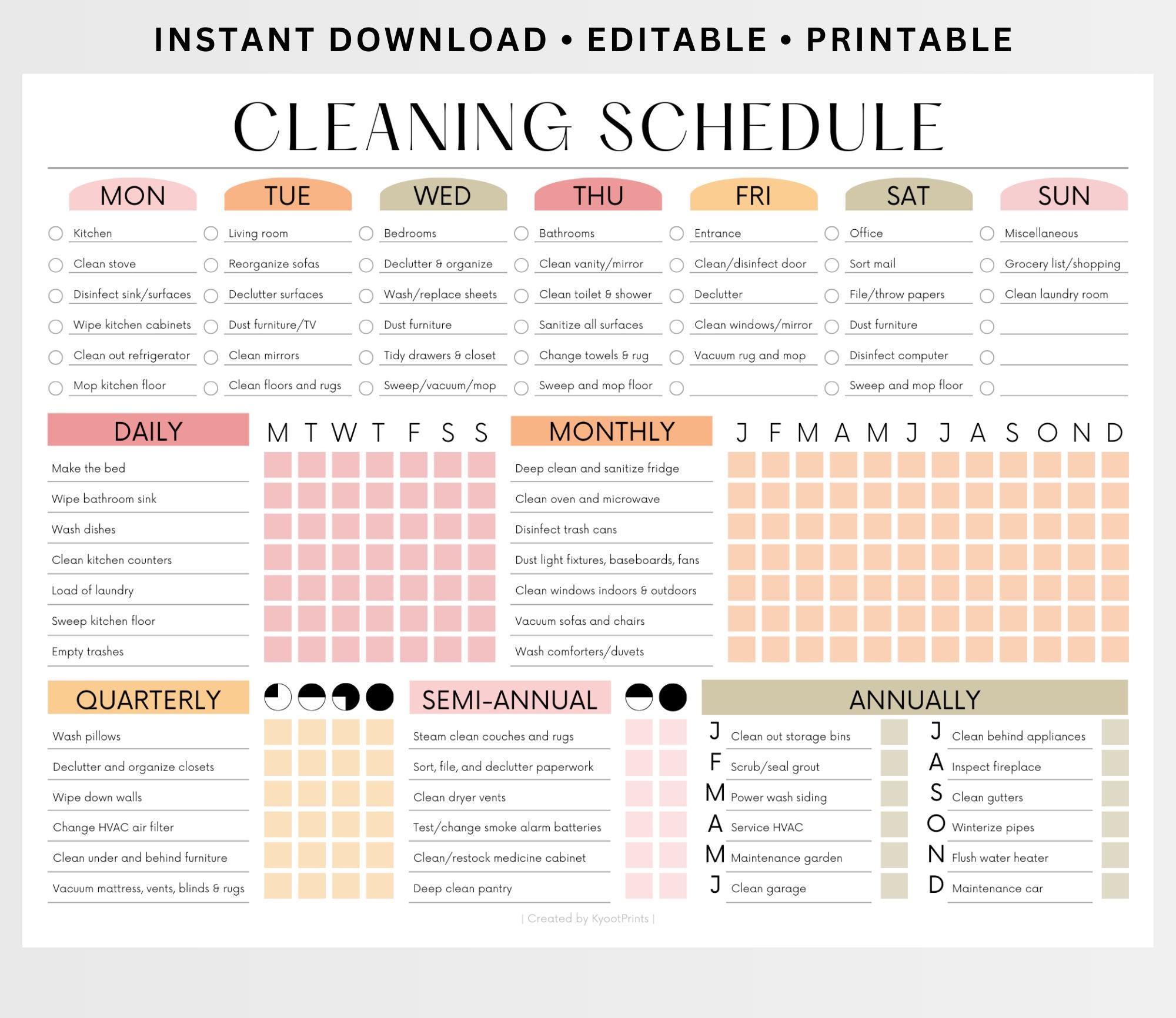 EDITABLE Cleaning Schedule PRINTABLE Cleaning List Household Chore ...