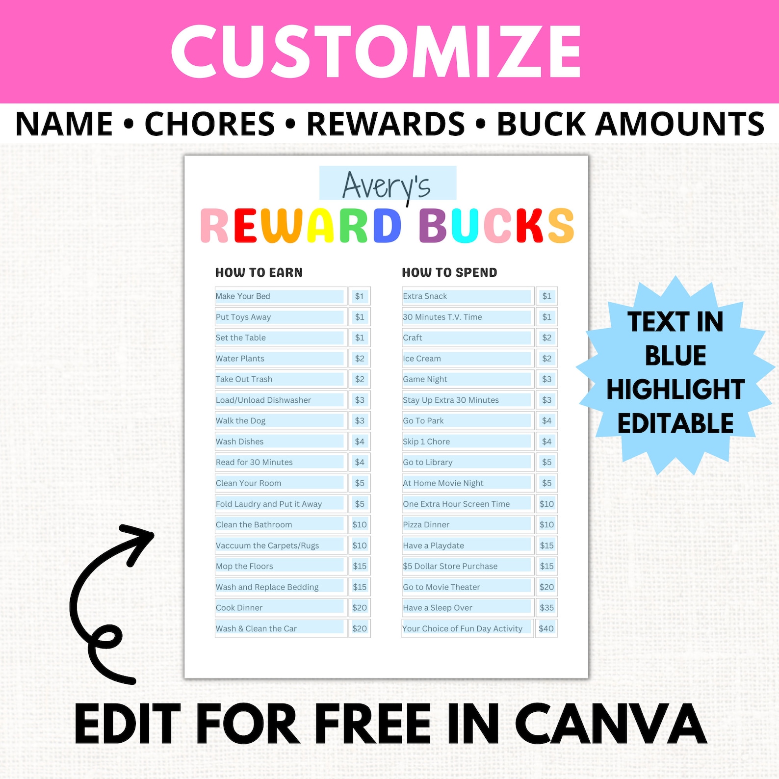 Editable Kids Reward Bucks PRINTABLE Reward Chart for Kids Reward ...