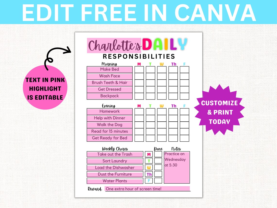 EDITABLE Chore Chart for Kids Responsibility Chart Kids Daily Checklist Chore Sheet PRINTABLE ...