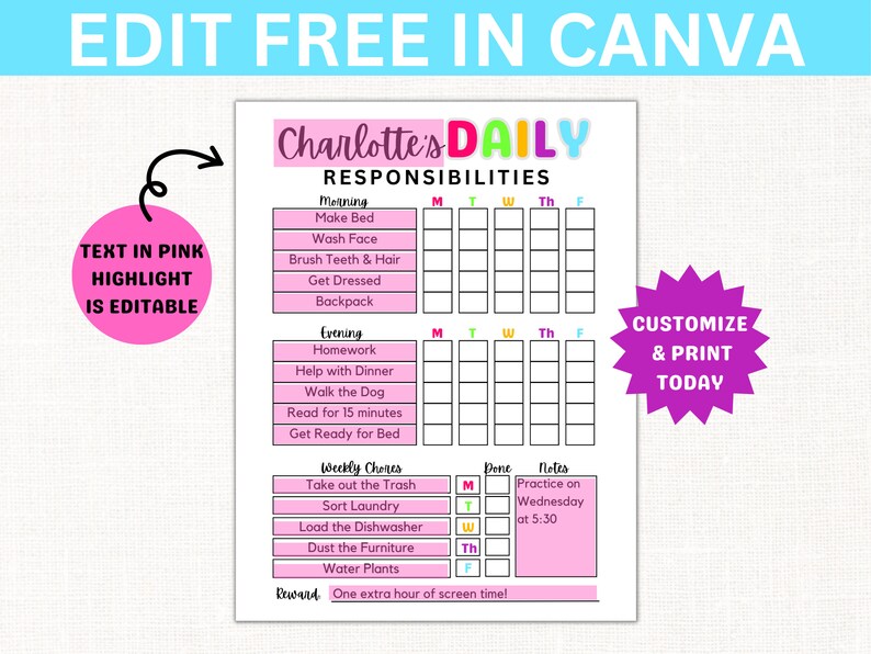 EDITABLE Chore Chart for Kids Responsibility Chart Kids Daily Checklist ...