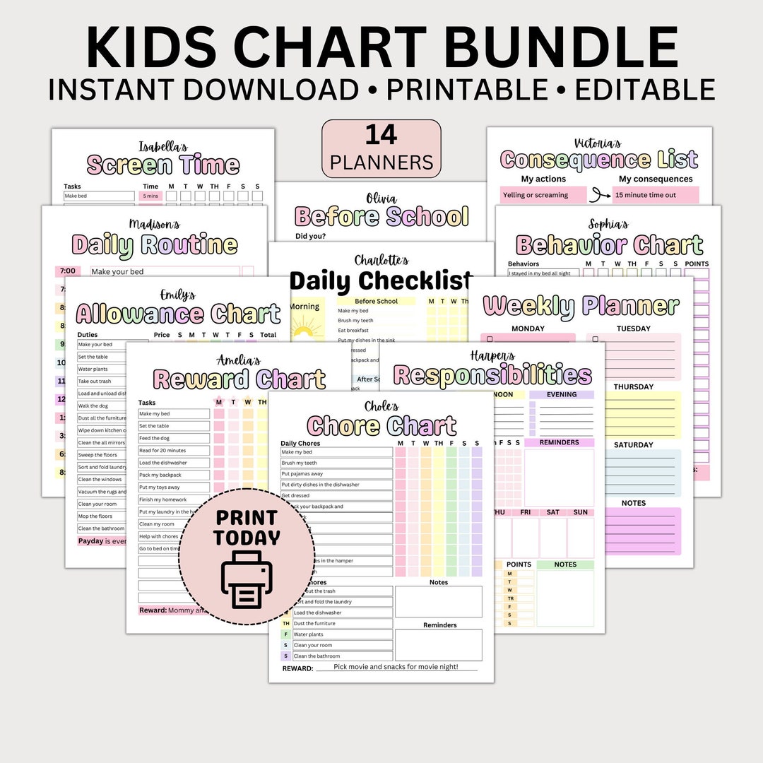 Chore Charts for Kids Editable Responsibility Chart School Routine ...