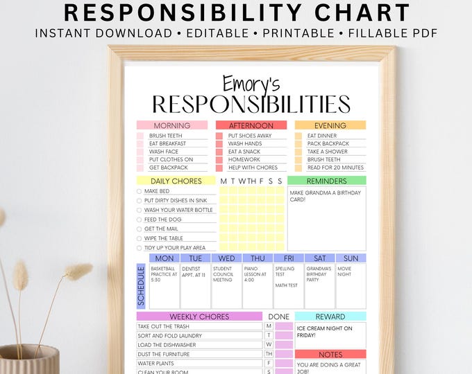 Responsibility Chart for Kids Chore Chart Teen EDITABLE Reward Chart ...