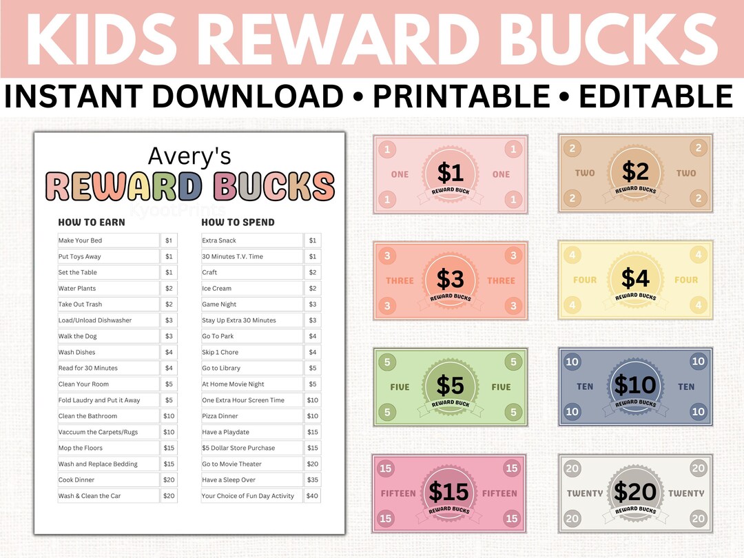 Editable Kids Reward Bucks PRINTABLE Reward Chart for Kids Reward ...