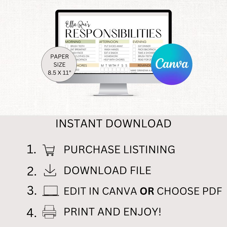 Responsibility Chart for Kids Chore Chart Teen EDITABLE Reward Chart ...