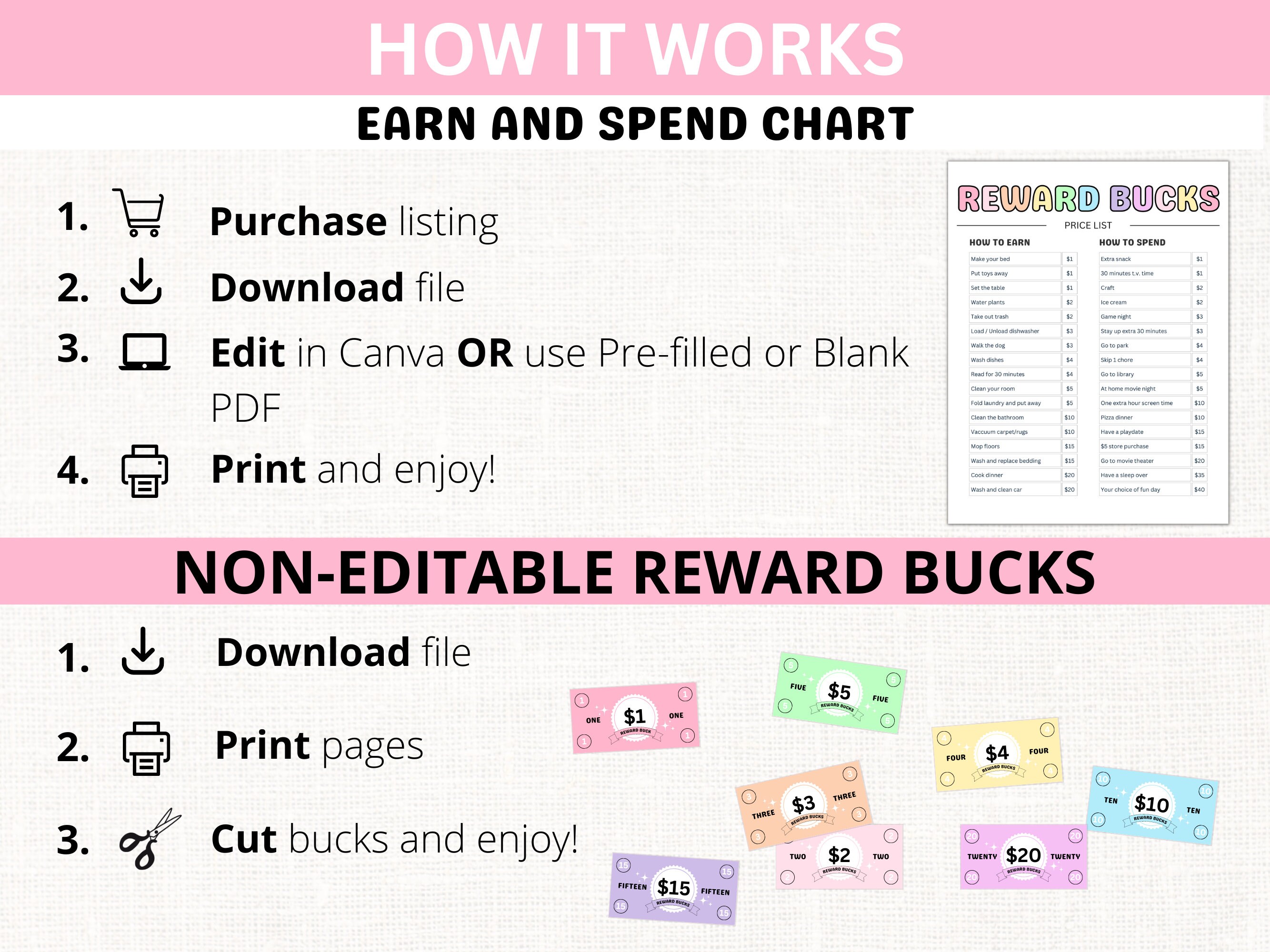 Editable Kids Reward Bucks Printable Reward Chart for Kids Reward ...