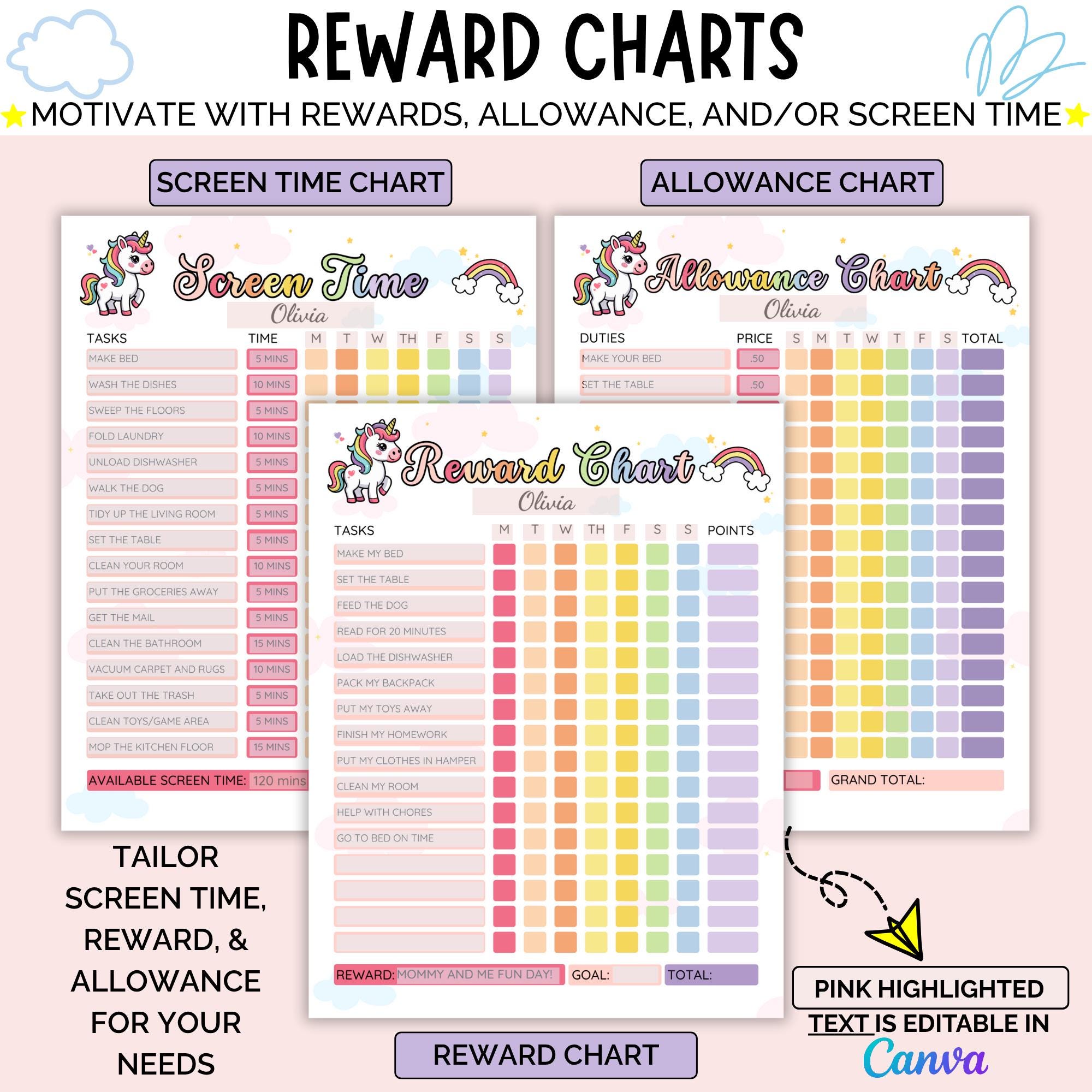 Printable Kids Chore Chart Bundle, Behavior Reward Daily Weekly Monthly ...
