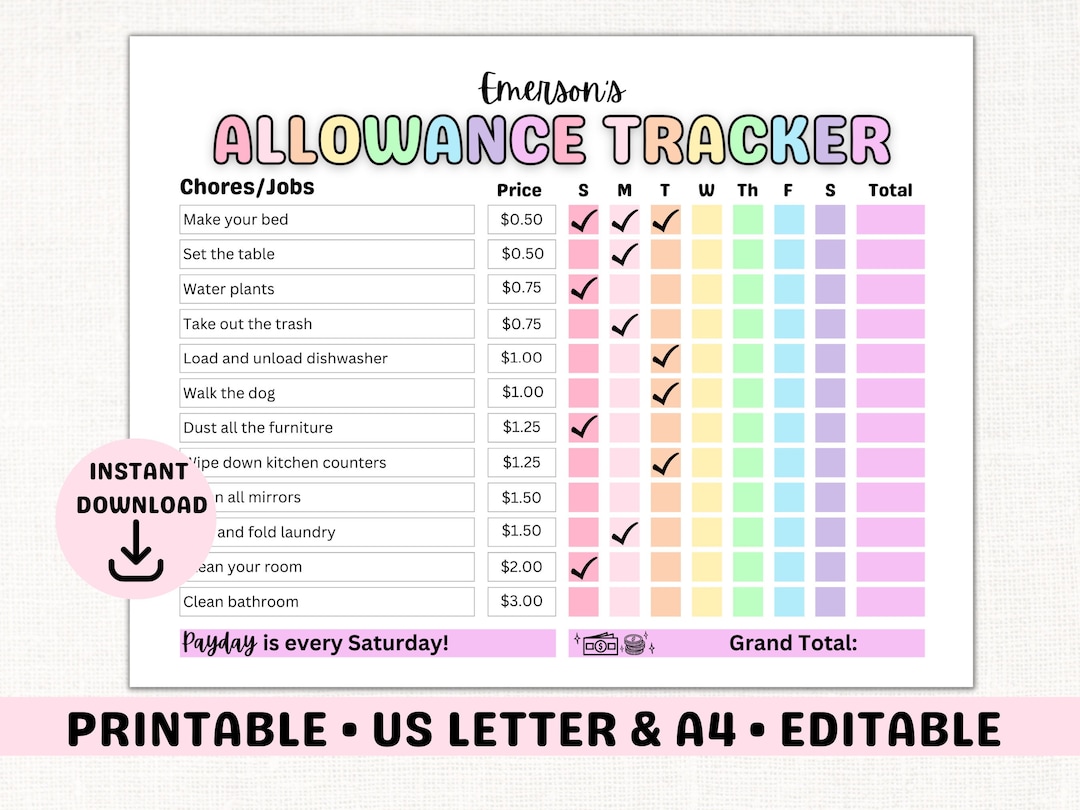 Allowance Tracker for Kids How to Earn Money Chart EDITABLE Allowance ...
