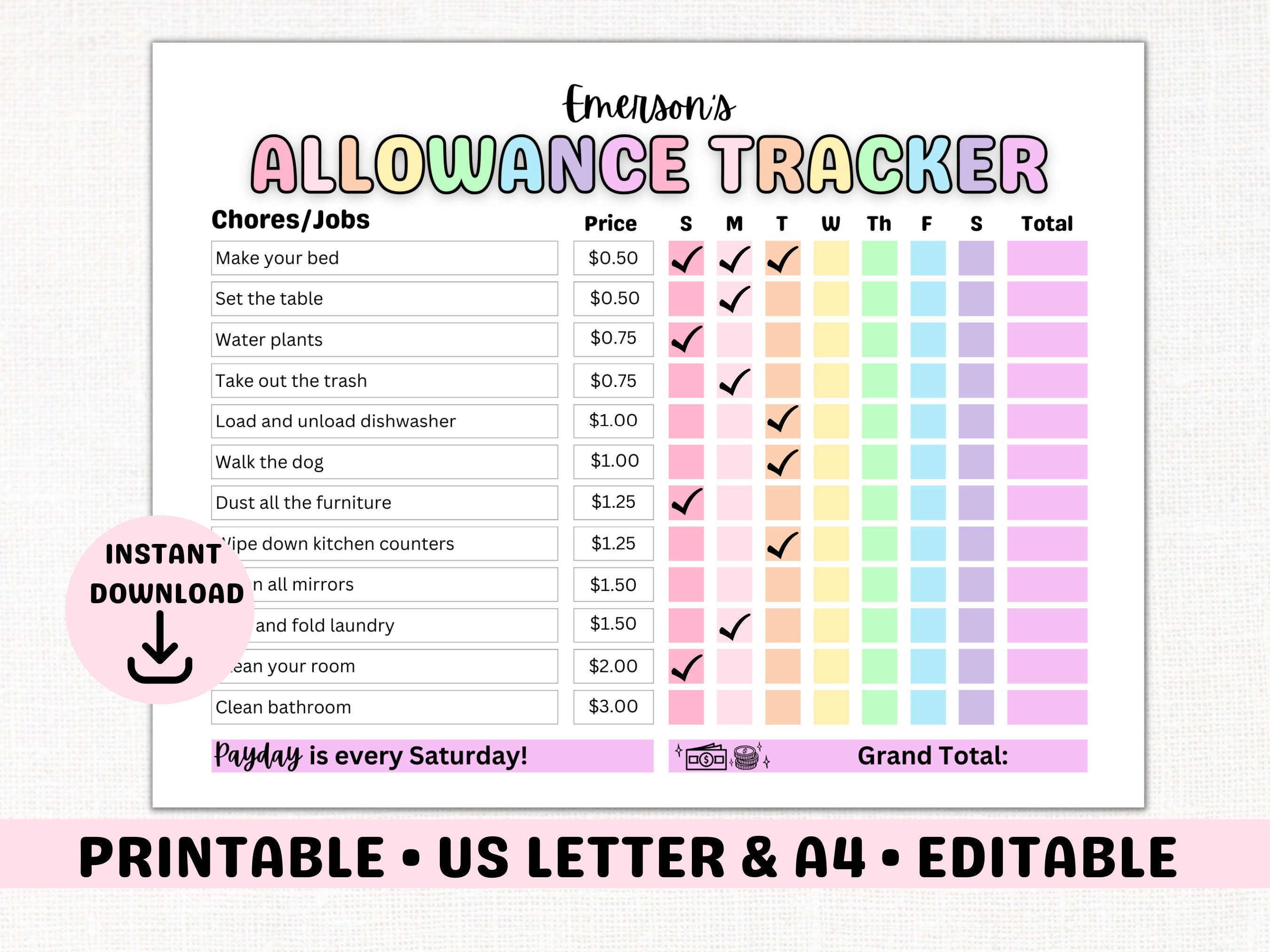 Allowance Tracker for Kids How to Earn Money Chart EDITABLE Allowance ...