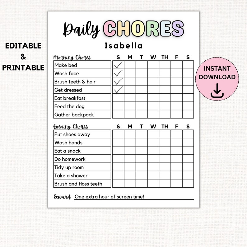 Chore Chart for Kids PRINTABLE Teen Chore Chart EDITABLE Morning ...