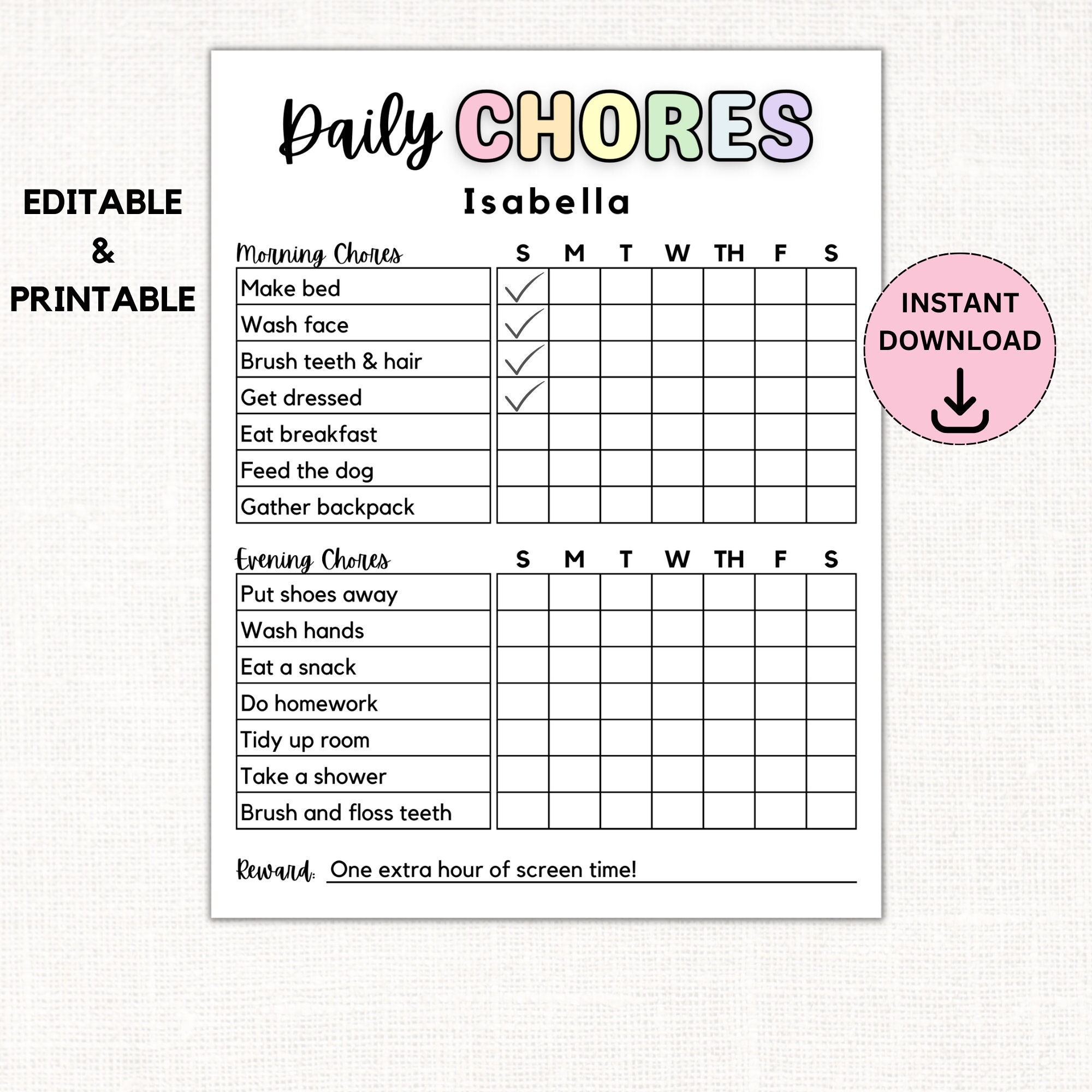 Chore Chart for Kids PRINTABLE Teen Chore Chart EDITABLE Morning ...