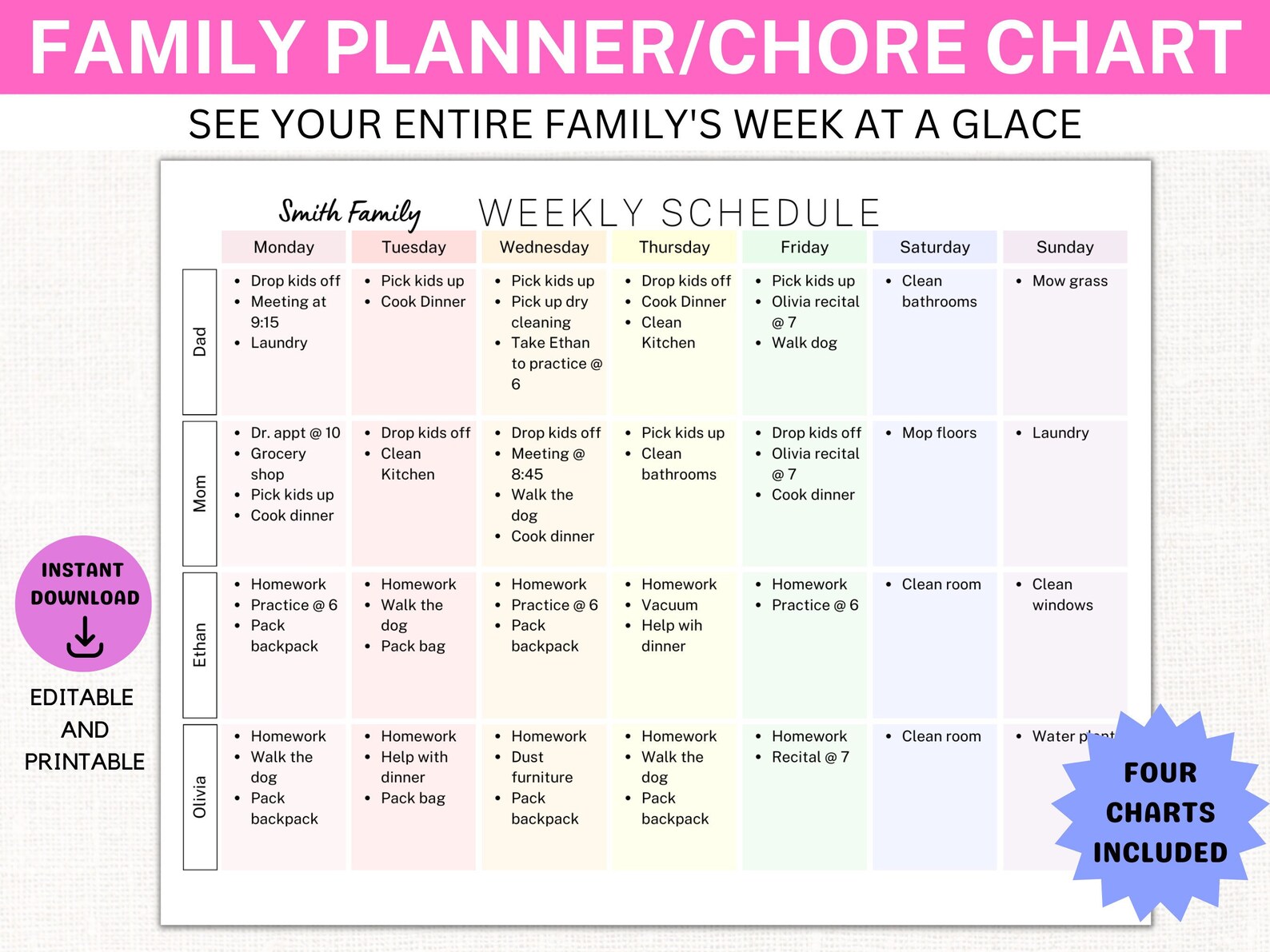 Family Chore Chart Printable Family Planner Editable Weekly Schedule ...