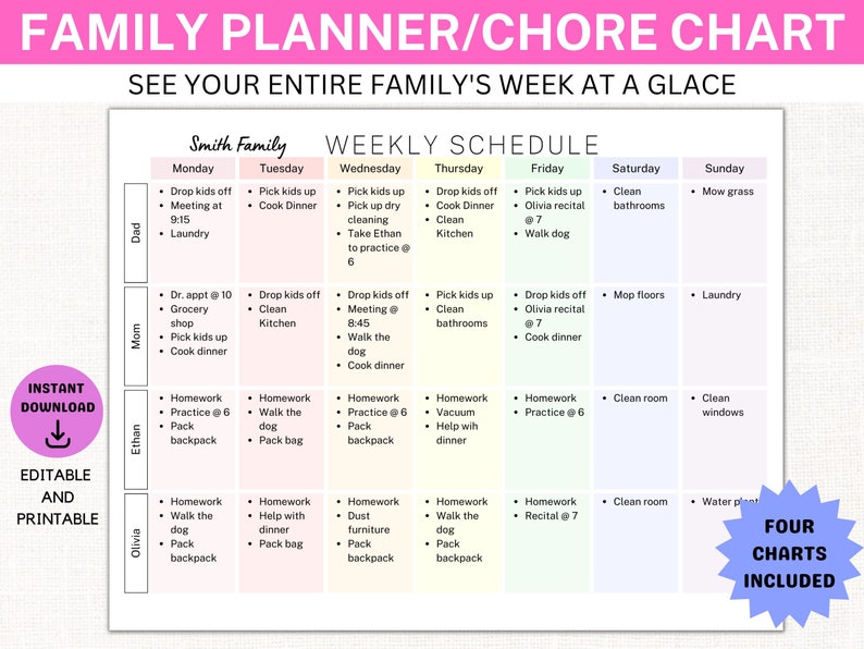 Family Chore Chart Printable Family Planner Editable Weekly Schedule ...