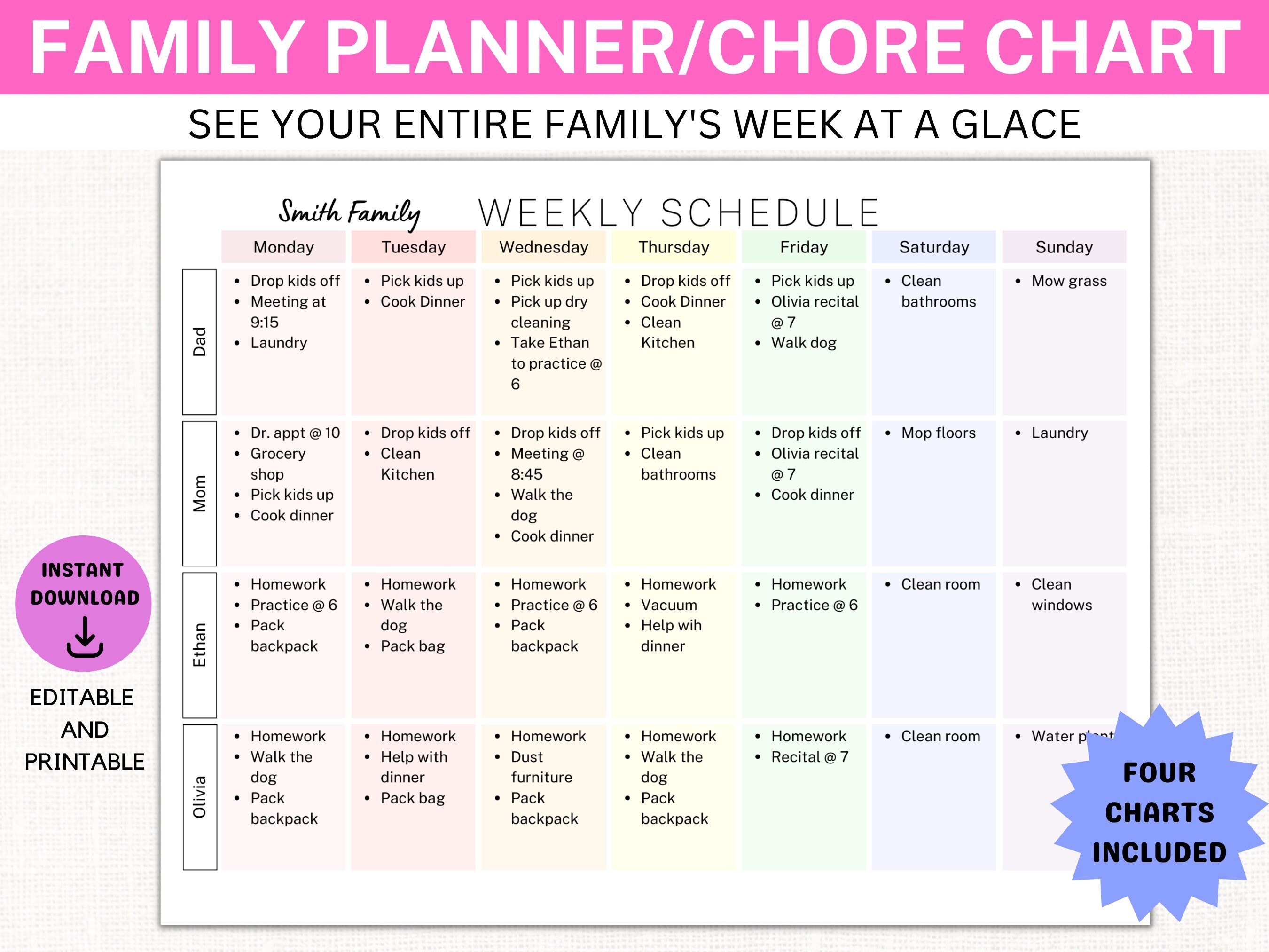 Family Chore Chart Printable Family Planner Editable Weekly Schedule ...