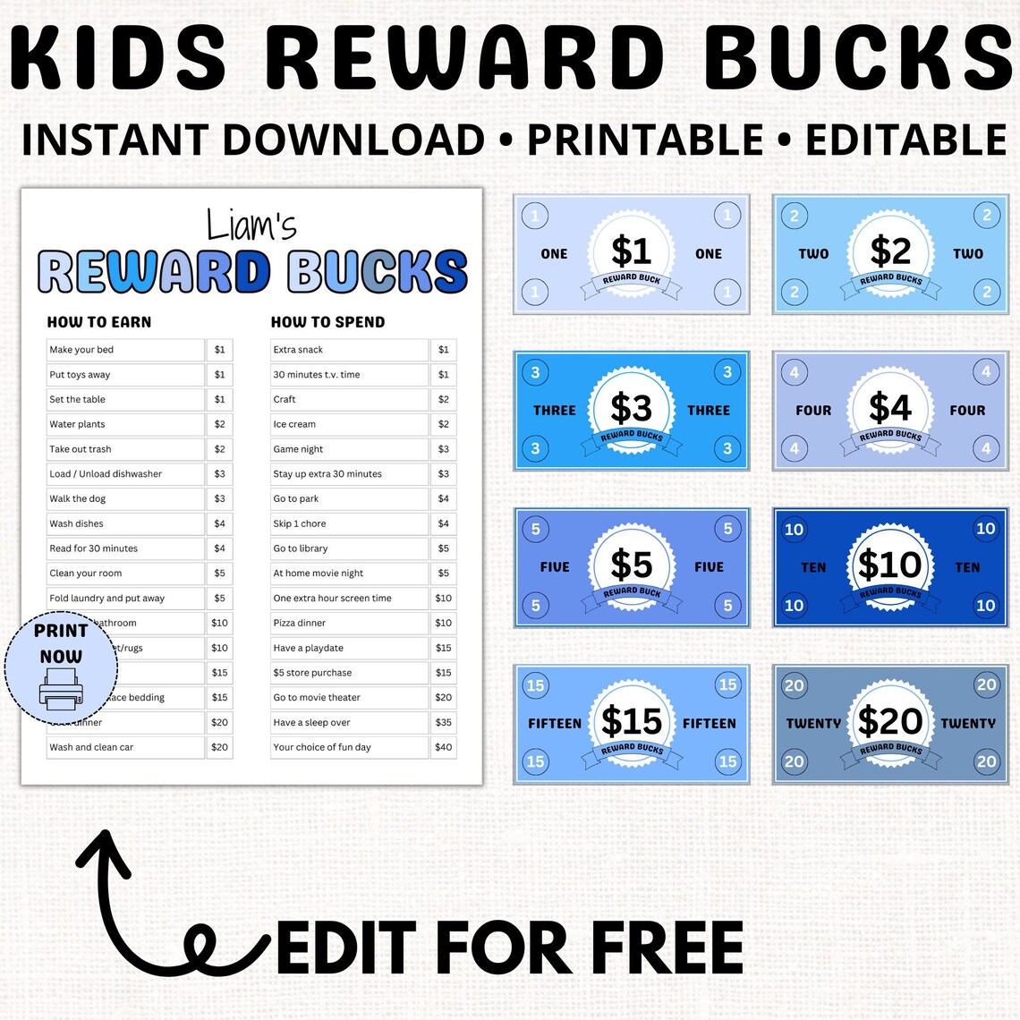 Editable Kids Rewards Bucks PRINTABLE Reward Chart for Kids Reward ...