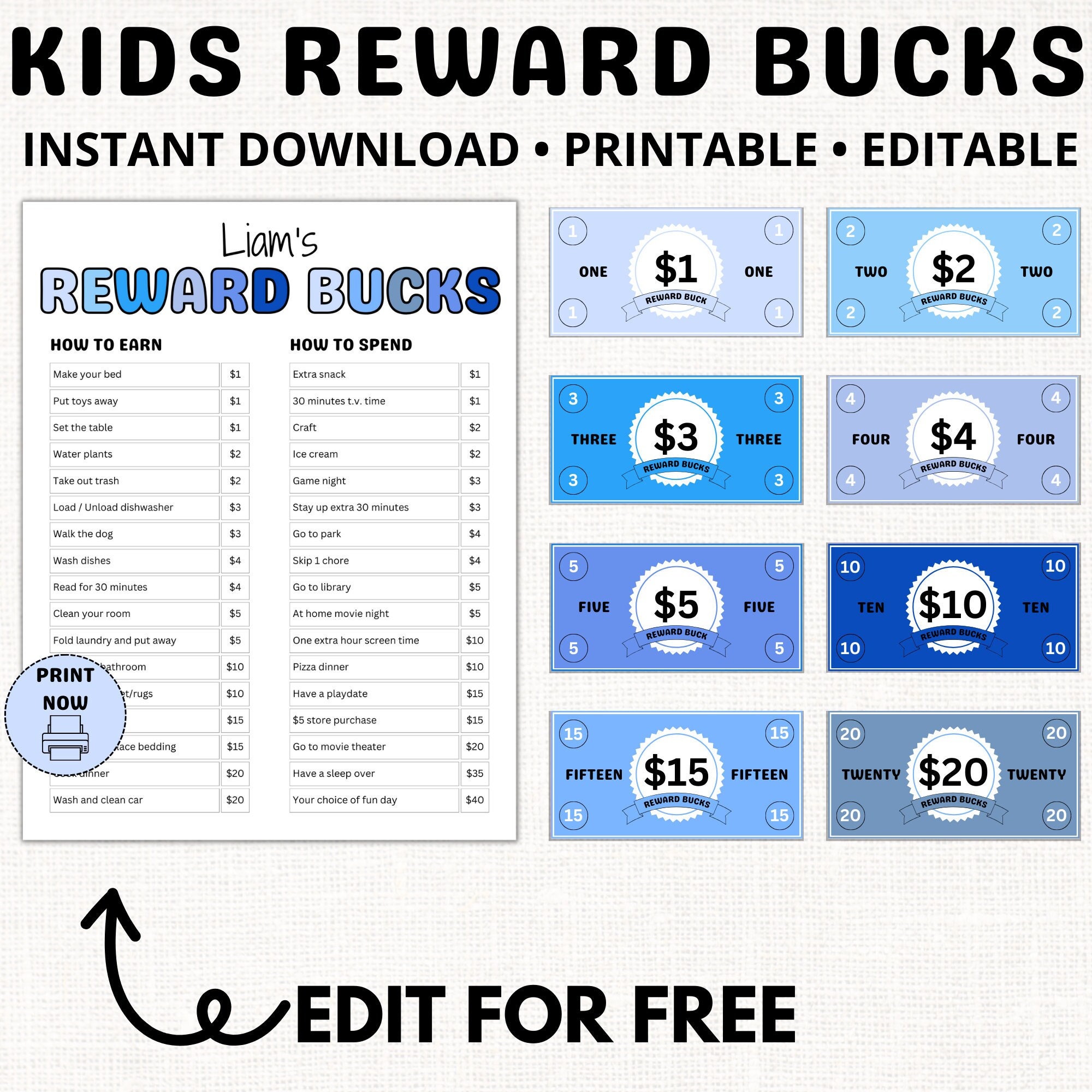 Editable Kids Rewards Bucks PRINTABLE Reward Chart for Kids Reward ...