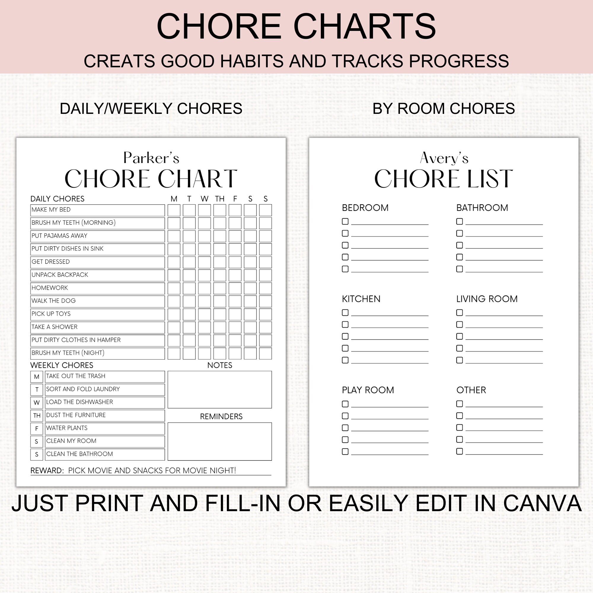 Chore Charts for Kids Editable Teen Responsibility Chart School ...