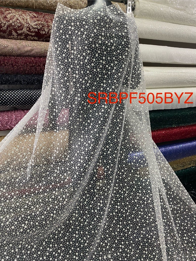 Off White Glitter Tulle Fabric: Floral Embossed Dot Tulle. Last 2 Yards ...