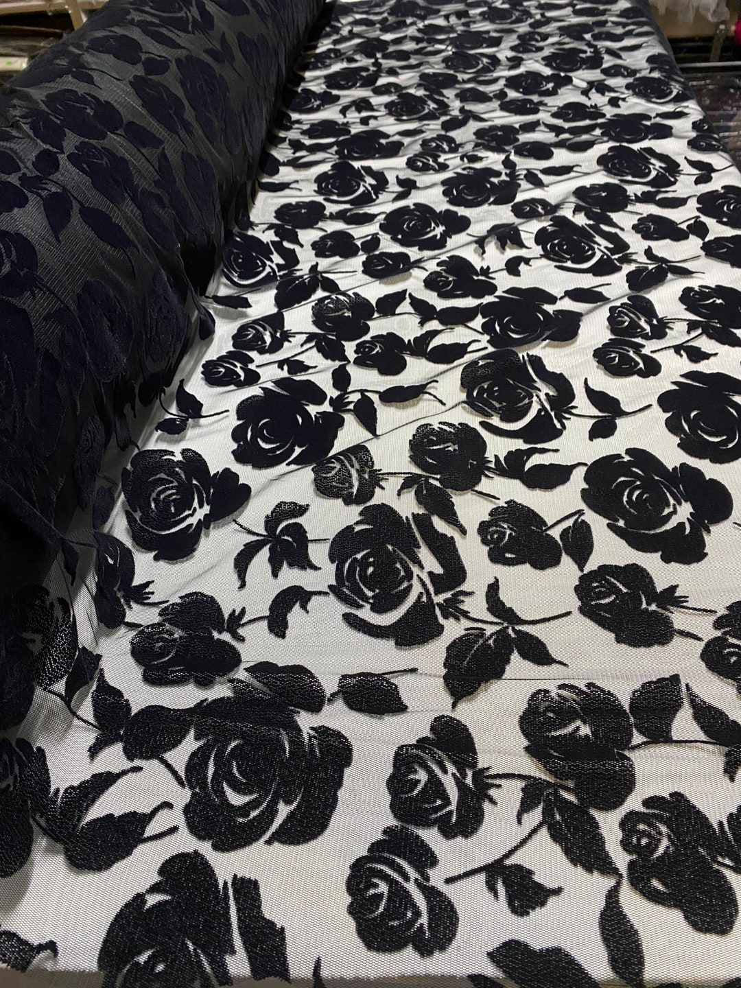 Black Rose Tulle. Black Flock Print Tulle Fabric. Flocking Tulle by the ...
