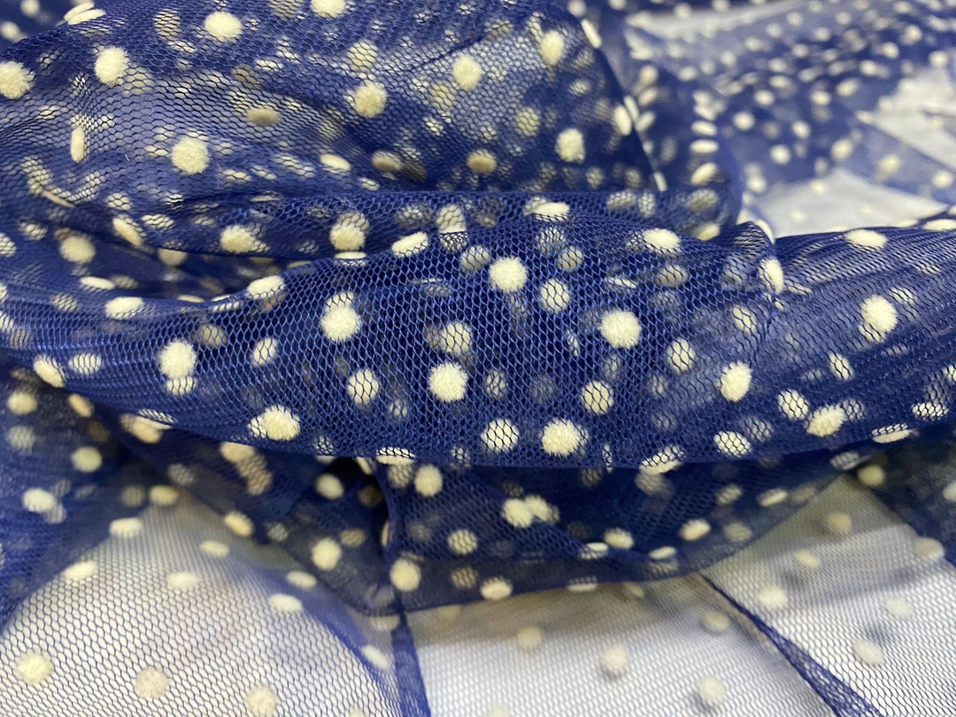 Dark Blue Tulle Fabric With Off-white Flocking Polka Dots. Polka Dots ...