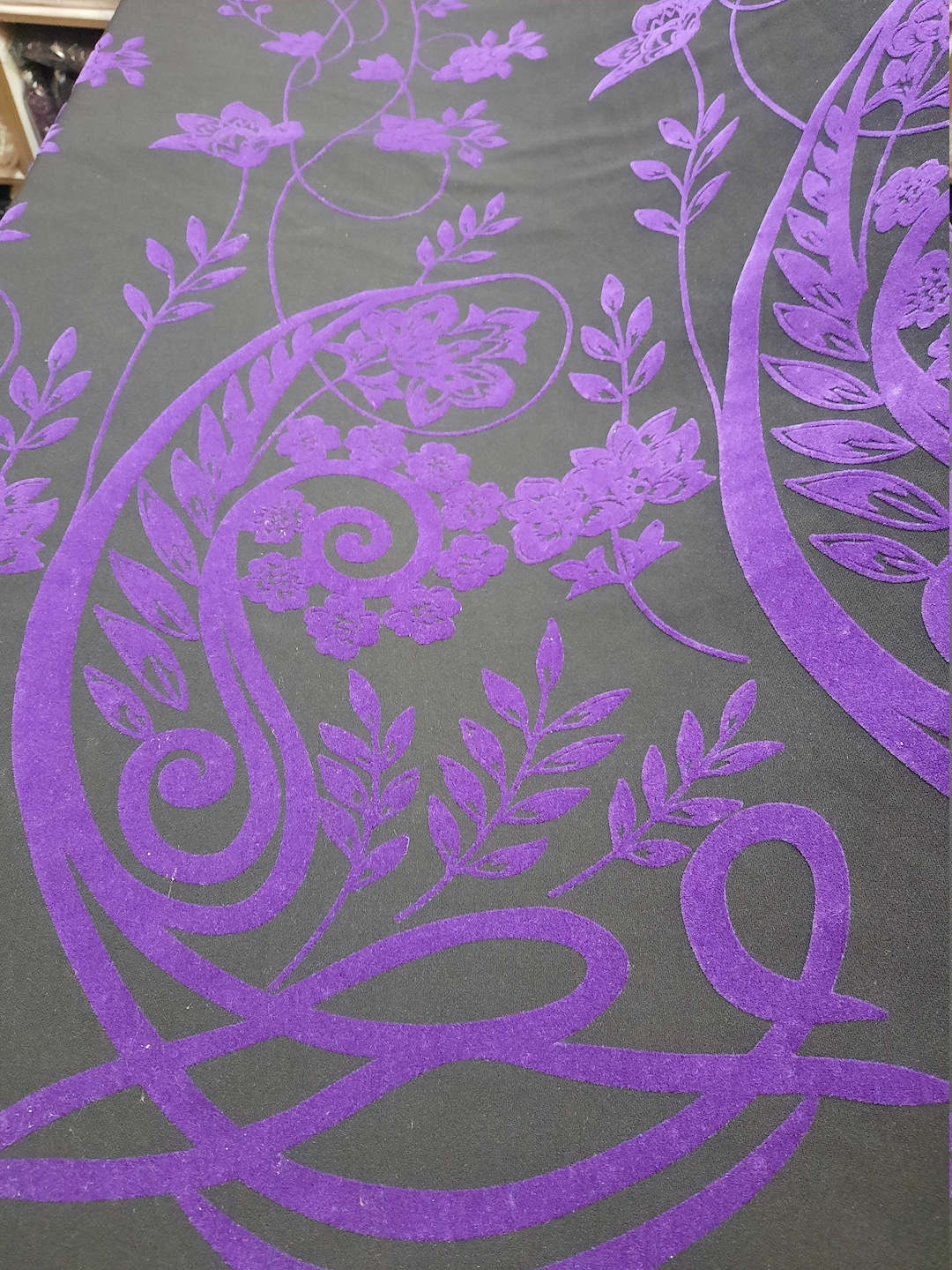 Purple Flocking Black Satin Fabrics.purple Floral Sewing Fabric.prom ...