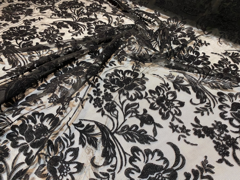 Black Flower Flock Print Tulle Fabric - Costume, Gown, Decor - by the ...