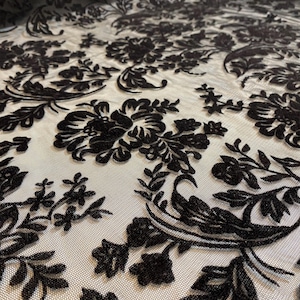 Black Flower Flock Print. Black Lace Fabric.tulle by Yard.for Ball Gown ...