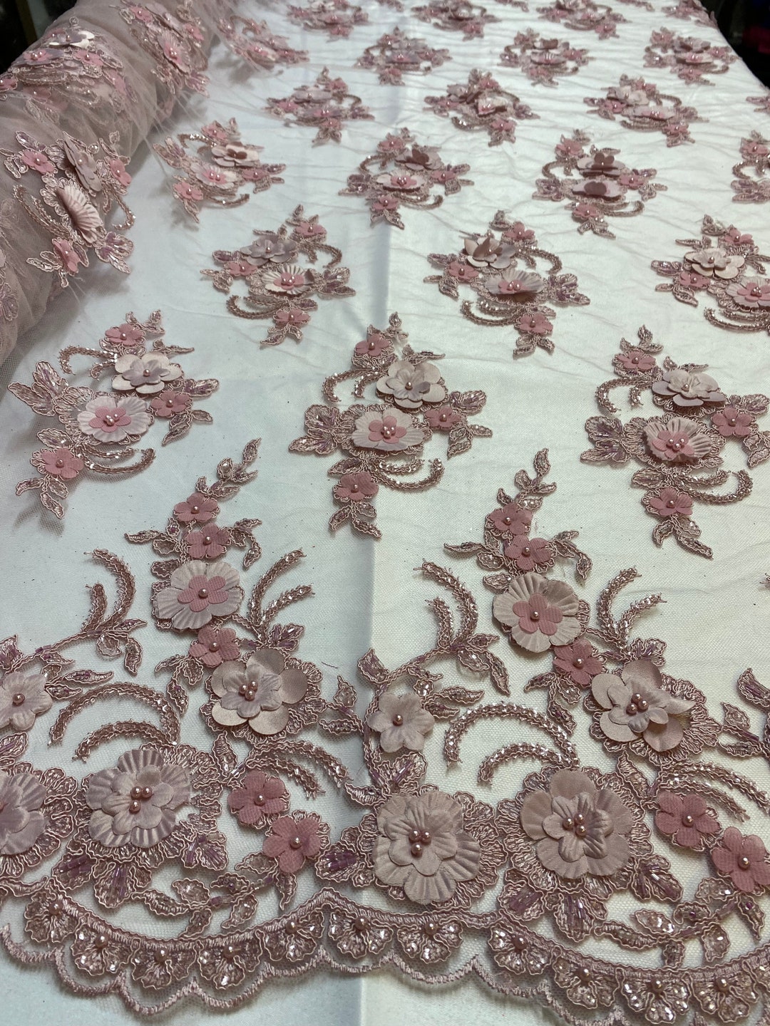 325 m .3D Blume und Perlen dunkel rosa Tüll. Getrocknete Rose - Etsy.de