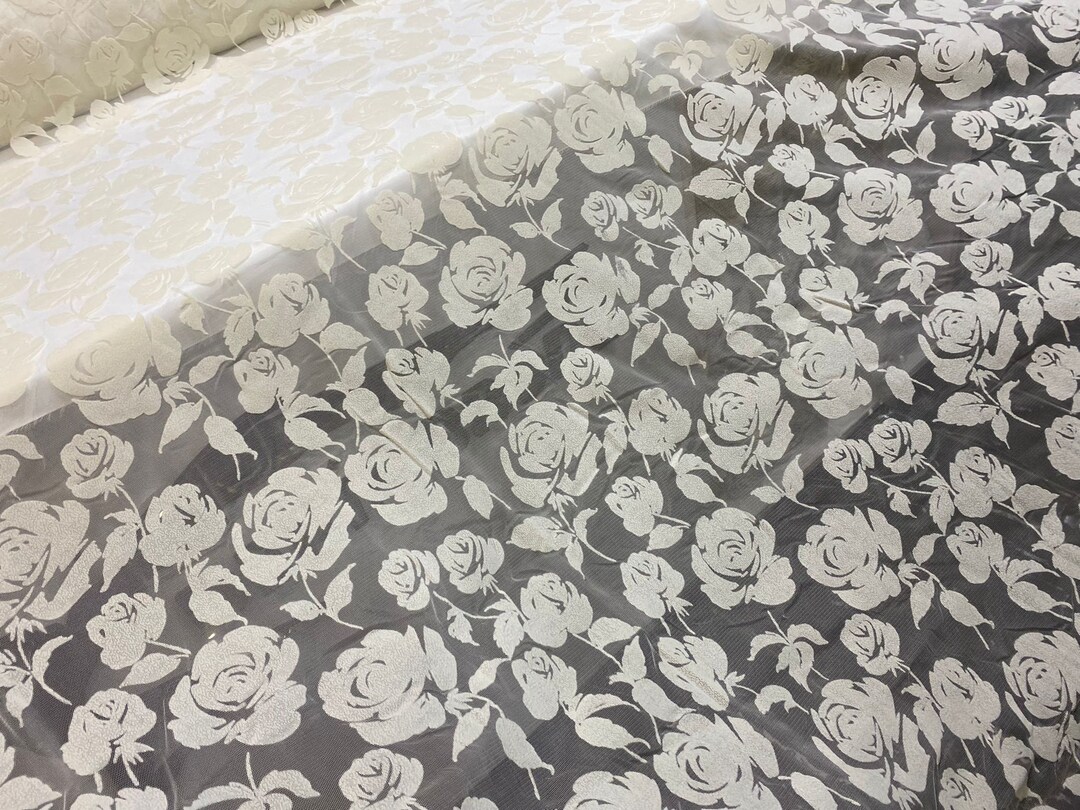 Off White Rose Flock Print Tulle Fabric: 57" Wide - Etsy