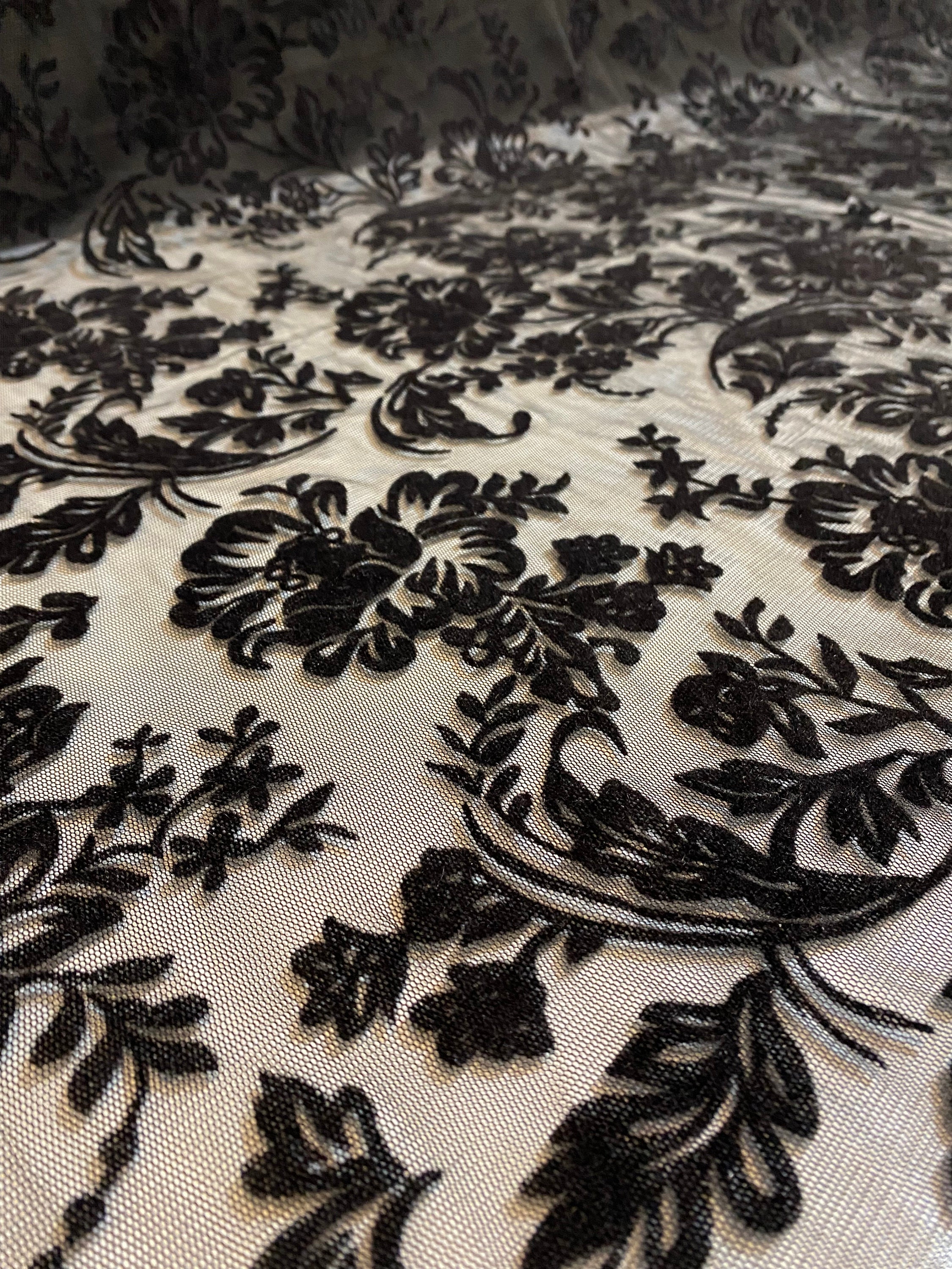 Black Flower Flock Print Tulle Fabric - Costume, Gown, Decor - by the ...