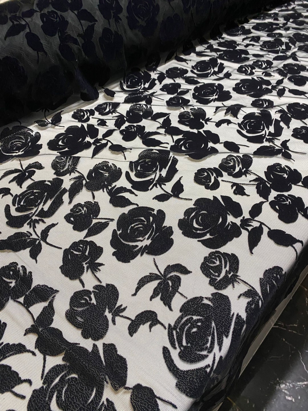 Black Rose Tulle. Black Flock Print Tulle Fabric. Flocking Tulle by the ...