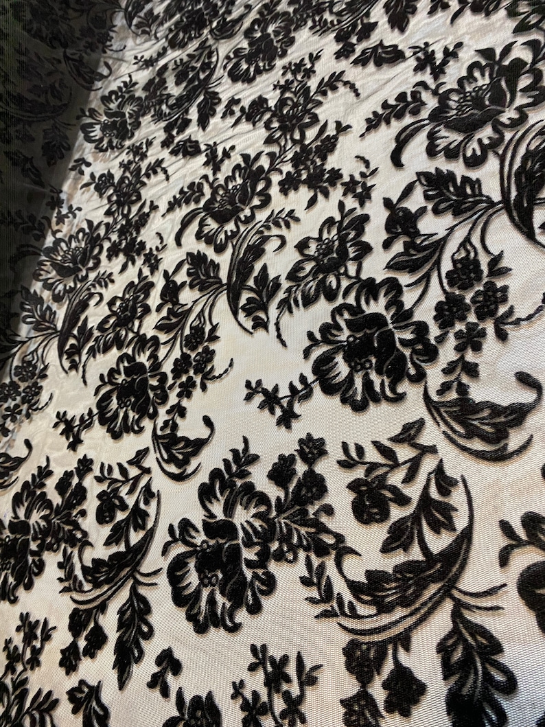 Black Flower Flock Print Tulle Fabric - Costume, Gown, Decor - by the ...