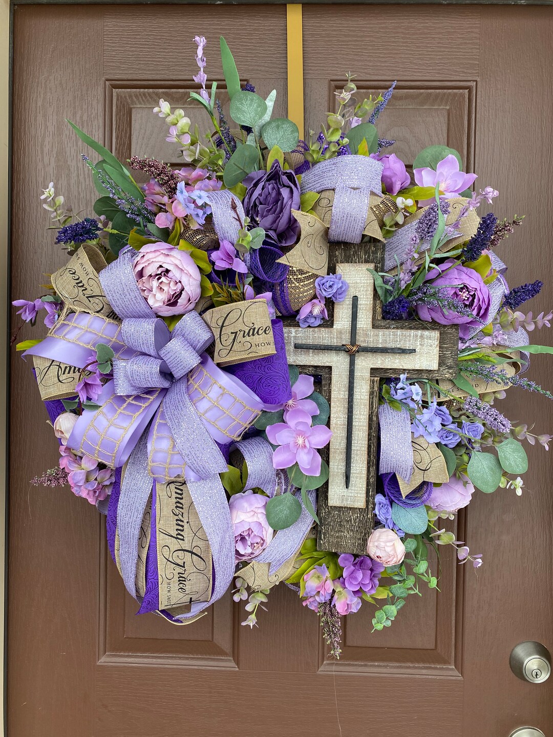 Christian Cross Wreath With Amazing Grace Wired Ribbon, Purple Peony ...
