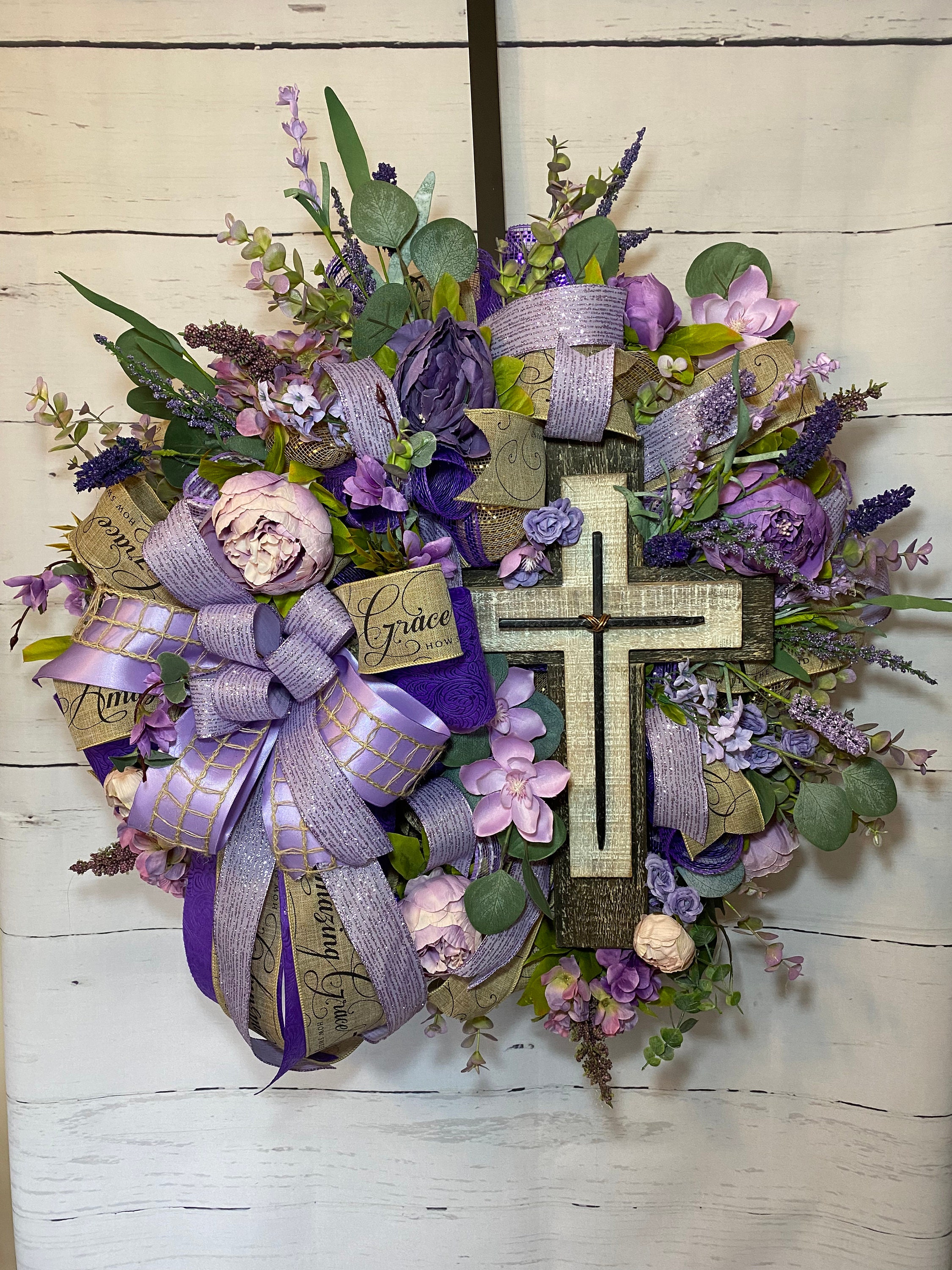Christian Cross Wreath With Amazing Grace Wired Ribbon, Purple Peony ...