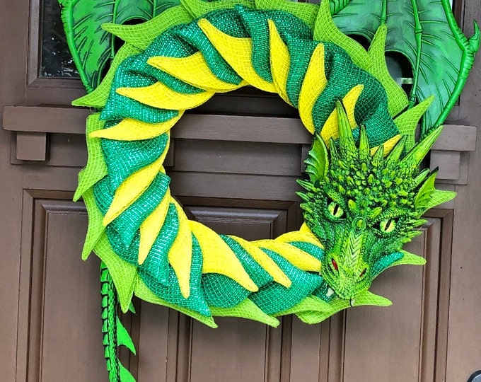 Green and Yellow Round Mystical Dragon Wreath, Holiday Dragon Wreath ...