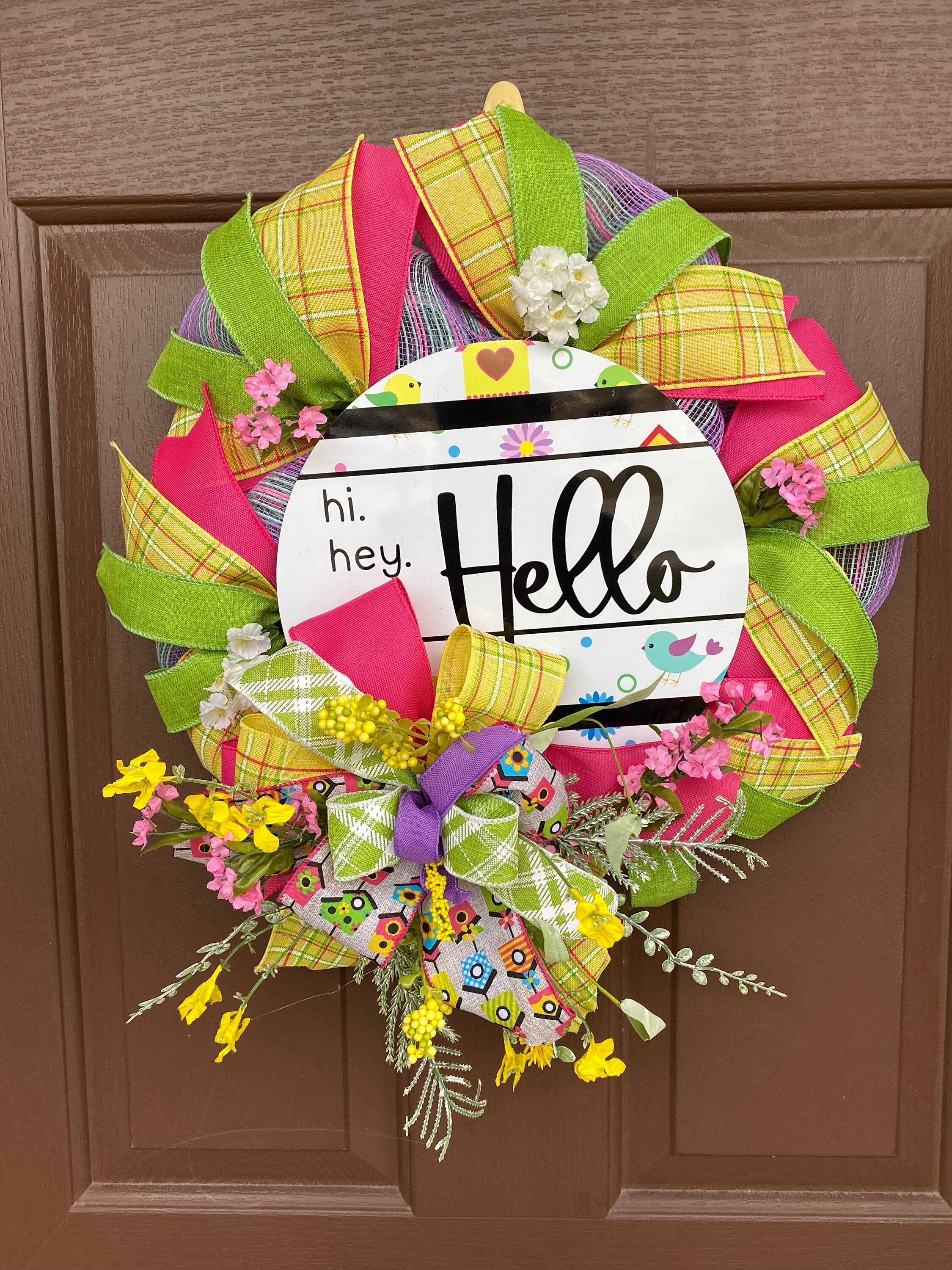 Hi, Hey, Hello Spring Welcome Wreath for Front Door. Flower Door Hanger ...