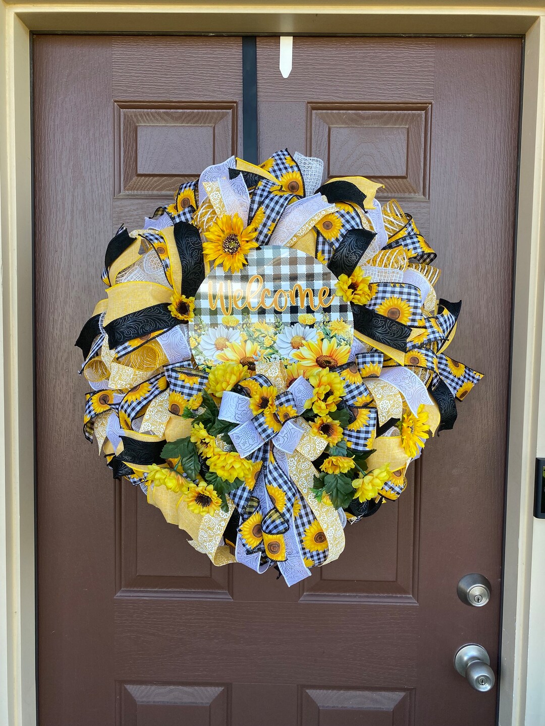 Welcome Spring or Summer Mesh Sunflower Wreath for Front Door With ...