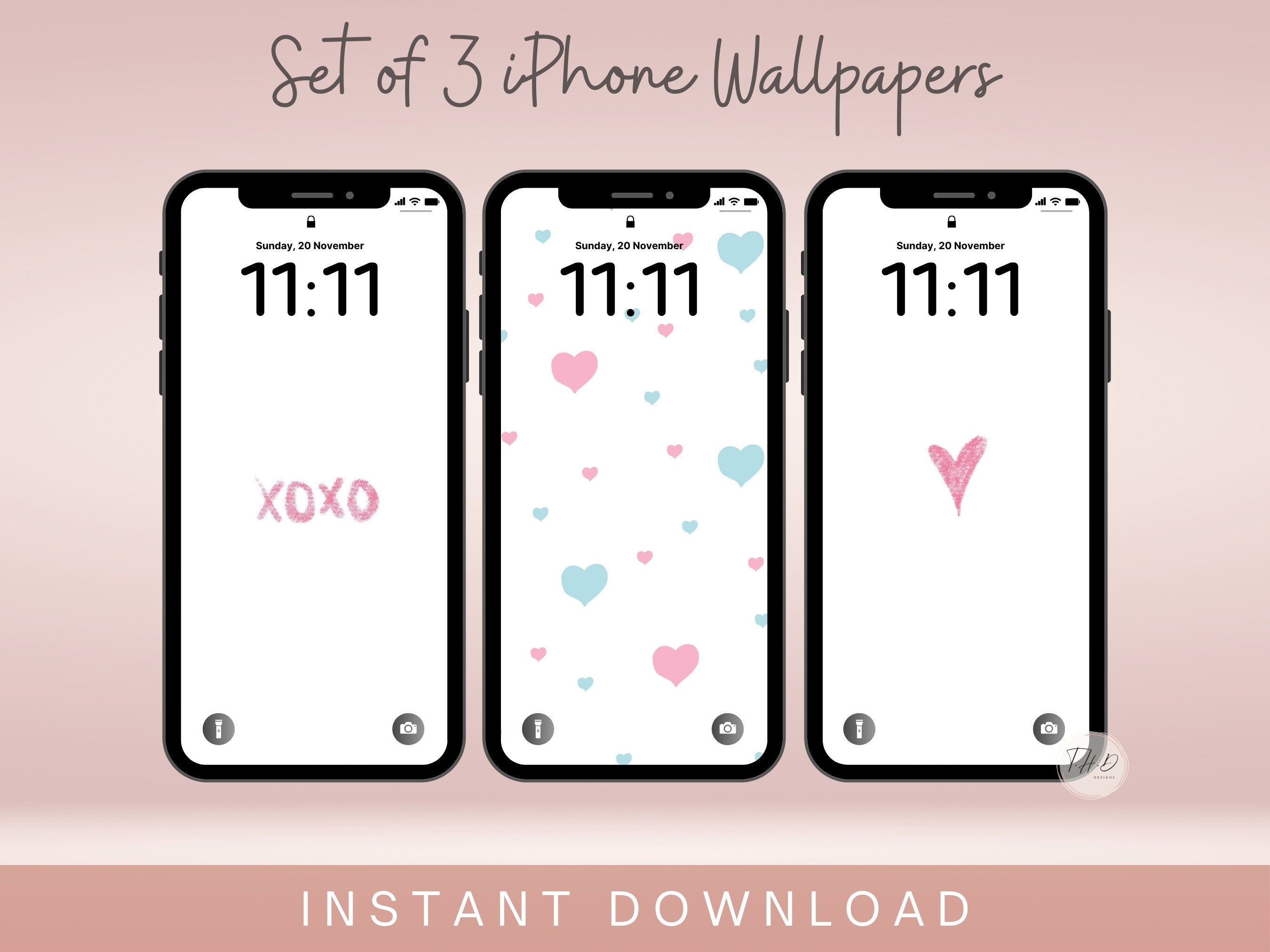 Love iPhone Wallpaper Bundle, Set of 3 Cute Heart Phone Wallpapers ...