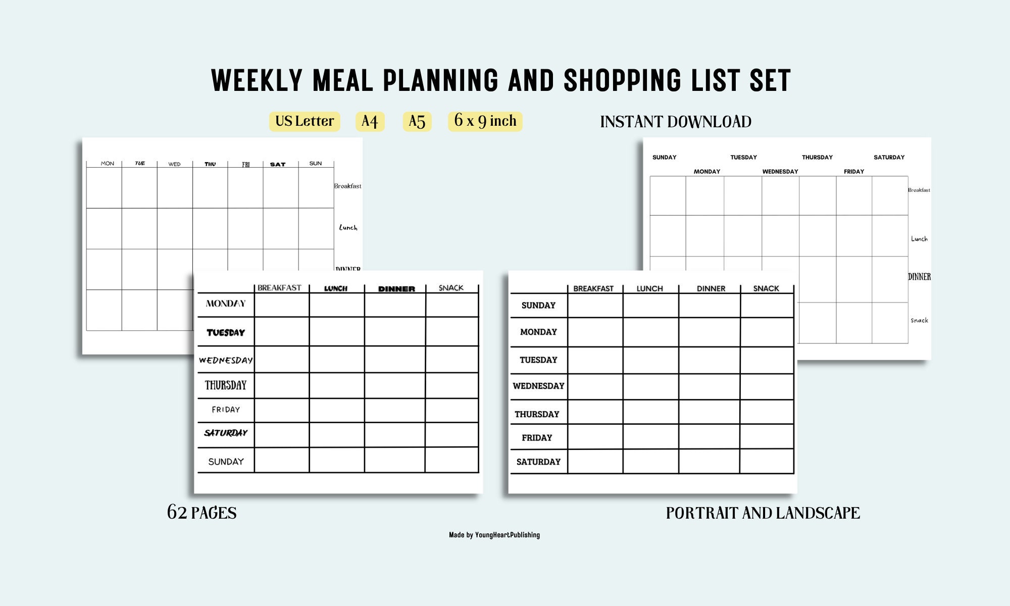 Minimalist Weekly Meal Planner & Shopping List Templates - Etsy