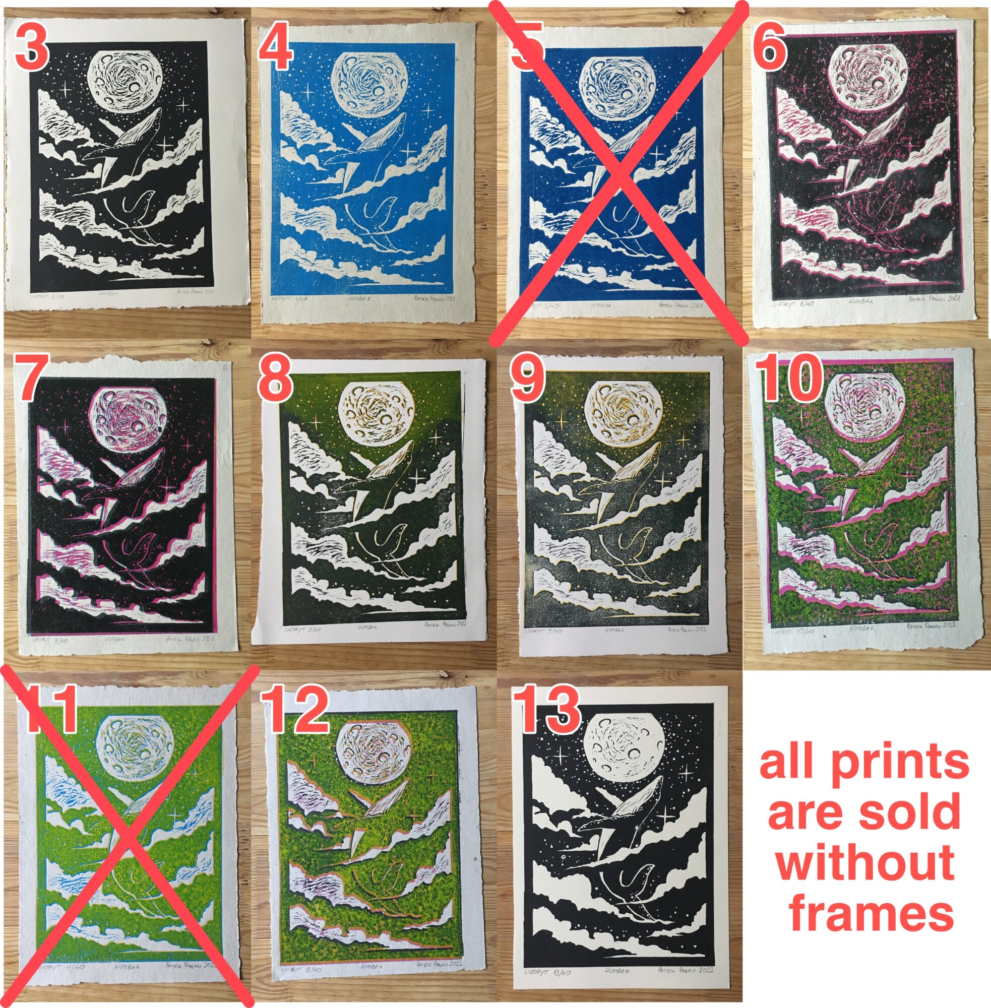 Moon Whale in the Clouds Humpback Paper Print Linocut Print Original ...