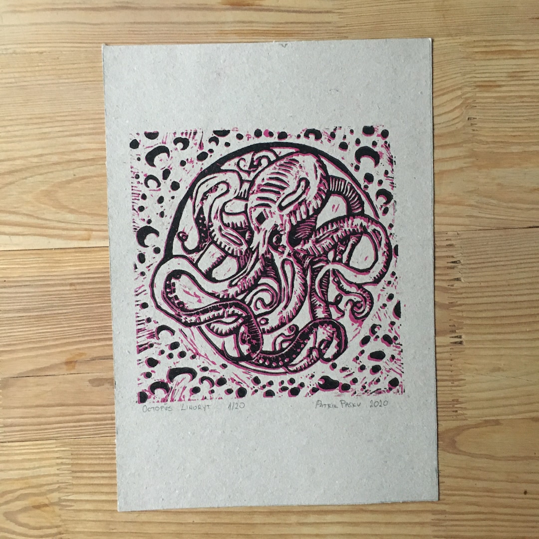 Octopus Linocut Physical Print Wall Art Unique Home Decoration Sea Life ...