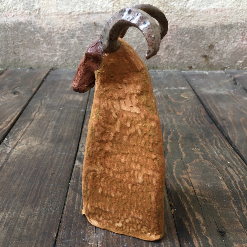 Clay Goat Beige and Red Clay Figurine Animal Table Top Decoration ...