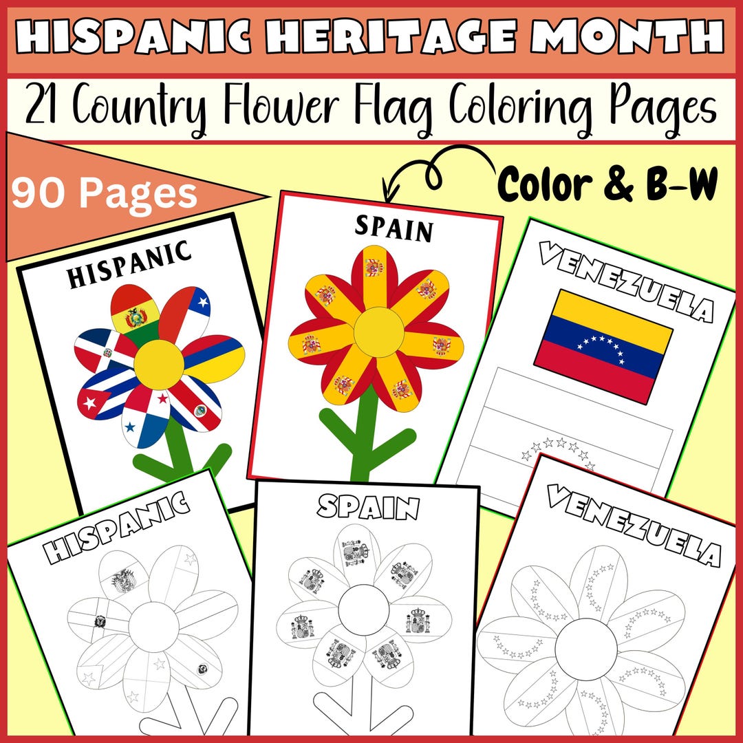 21 Hispanic Country Flag Flower Coloring Pages-color/ B&W Printable ...