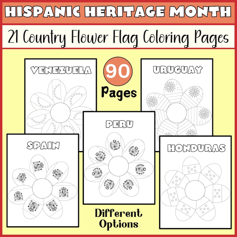 21 Hispanic Country Flag Flower Coloring Pages-color/ B&W Printable ...