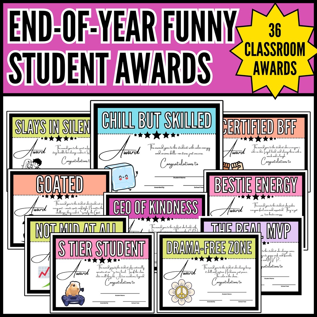 End-of-year Funny Student Awards | Student Achievement Certificates for ...